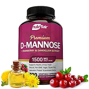 NutriFlair D-Mannose 1200mg, 120 Capsules - with Cranberry and Dandelion Extract - Natural Urinary Tract Health UTI Support - Best D Mannose Powder - Flush Impurities, Detox Body, for Women and Men