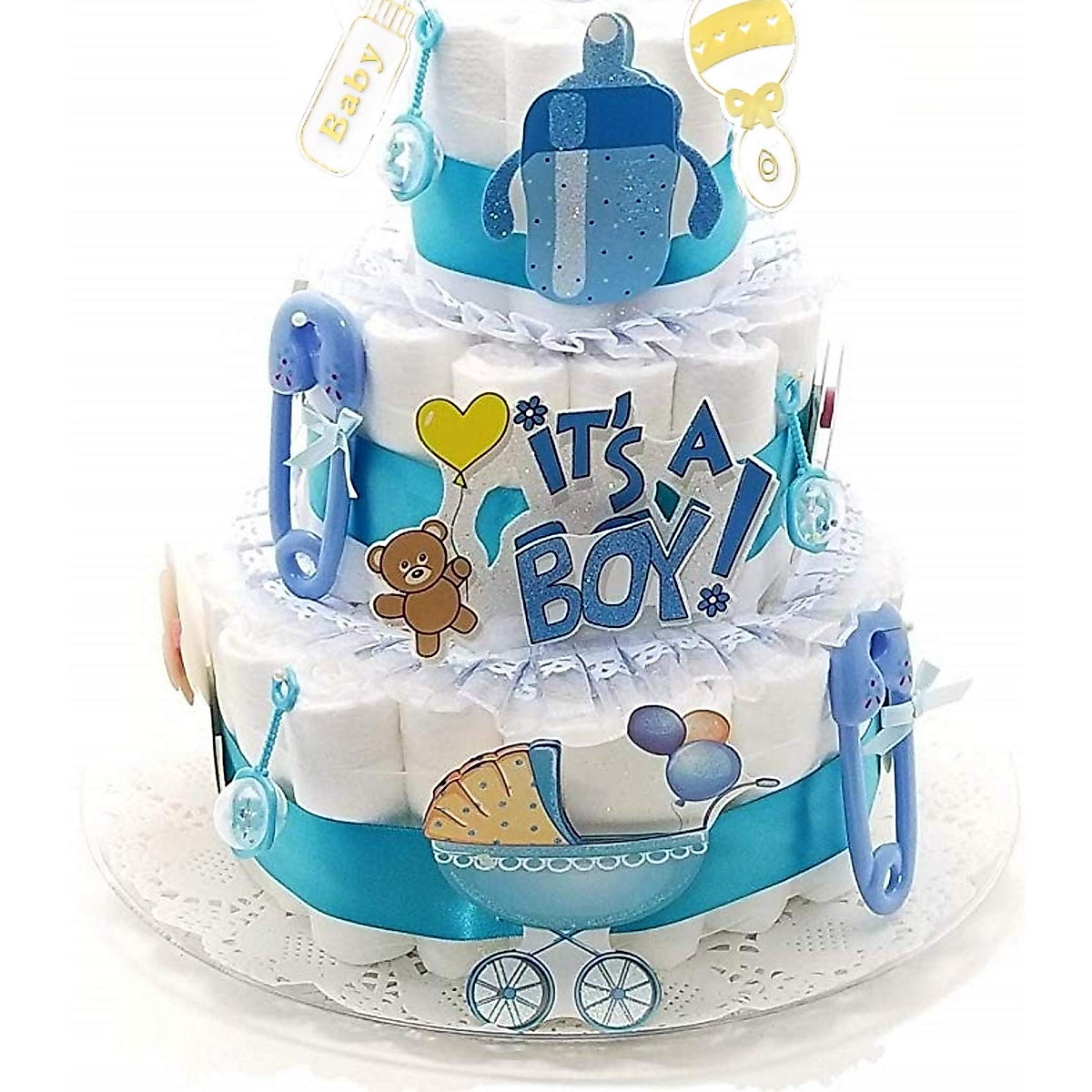 pins Pacifiers rattles - Blue Colorful Baby Shower Diaper Cake Kit for a 3 Tier Cake