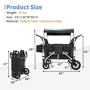 Stroller Wagon for 4 Kids, Wagon Cart Featuring 4 High Seat with 5-Point Harnesses and Adjustable Canopy, Foldable Double Push Bar Wagon Stroller for Garden, Stroller, Camping (Black)