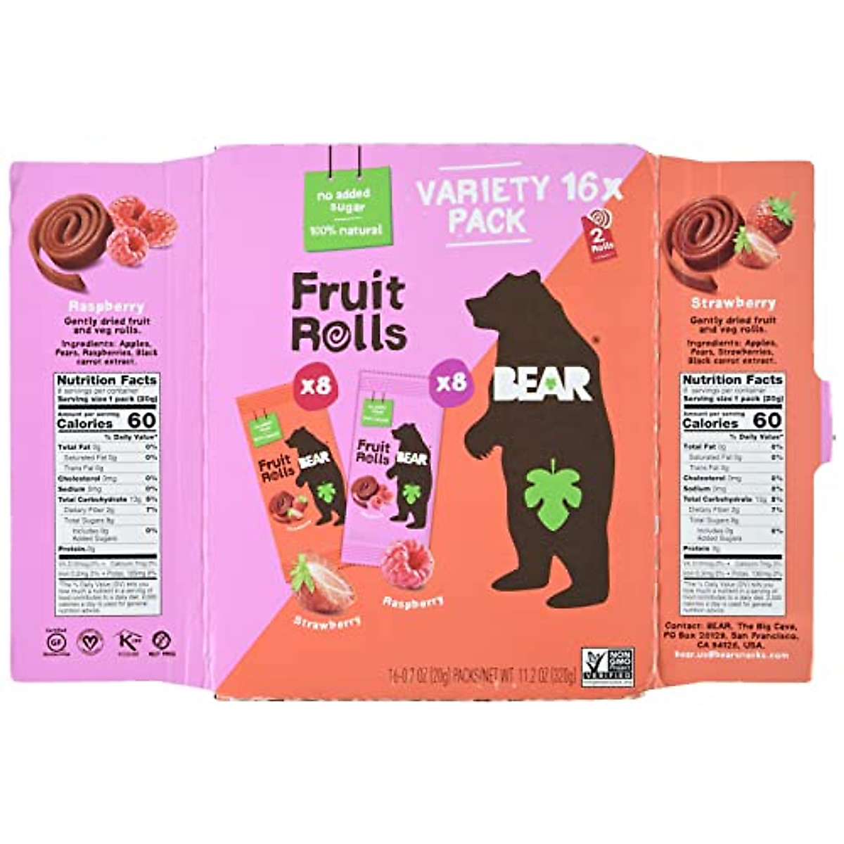 BEAR Real Fruit Rolls - Variety Pack - 16 Count (2 Rolls Per Pack)