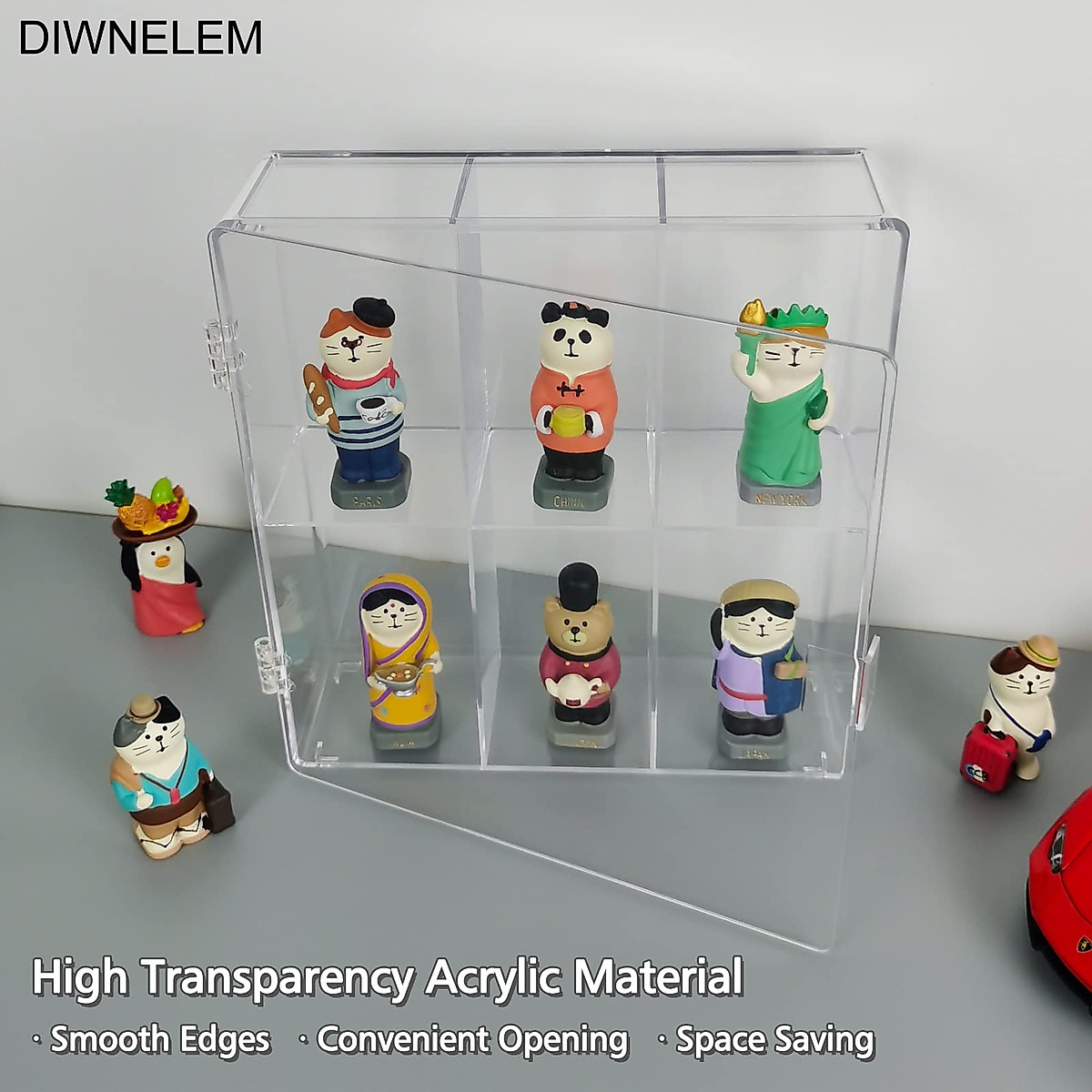 DIWNELEM Acrylic Display Case Cabinet Stand 6 Compartments Storage Box Display Showcase Shelf for Toys Rock Stone Collectibles & Mini Figure Action (7.5 * 2.1 * 8 inch)