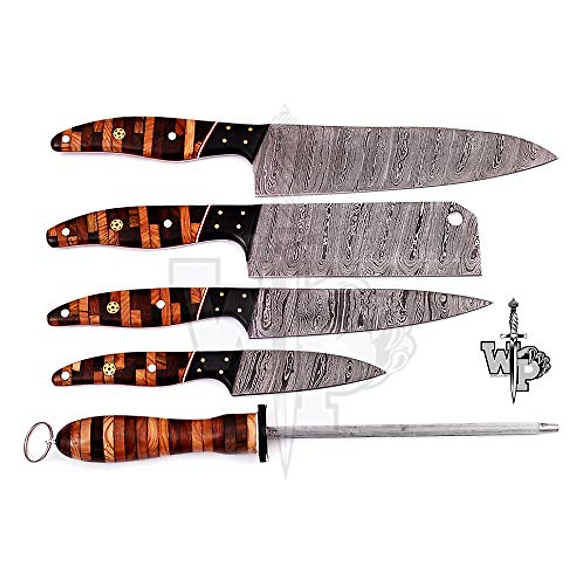 World Points WP-007 Custom Handmade Damascus Professional kitchen Chef knives set-5-Piece (Olive & Rose Wood)