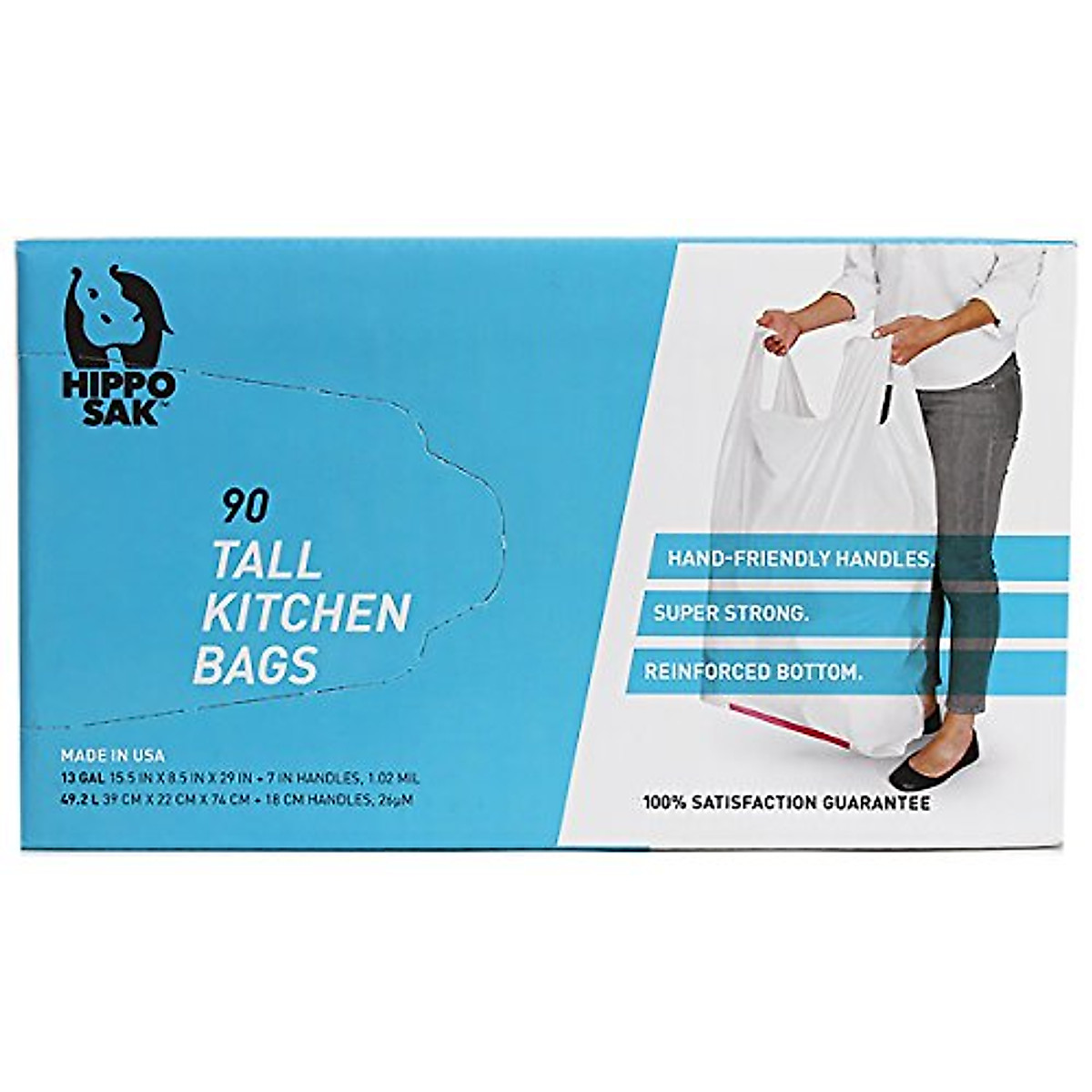Hippo Sak Handle Trash Bag, with Power Strip, 13 Gallon Tall Kitchen, 90 Count