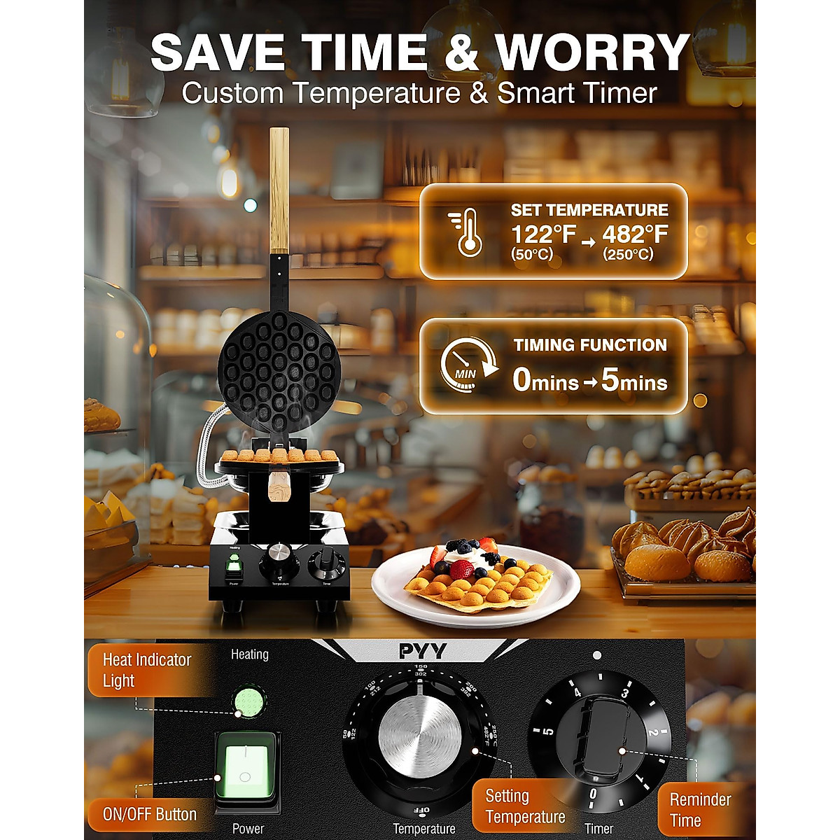 PYY Bubble Waffle Maker - Commercial Egg Puff Waffle Iron Machine, 1500W 122-482℉ Electric Stainless Steel Hong Kong, 30 Egg Cones | 180° Rotating| Black Non-stick Coating | Crumb Tray | Wooden Handle