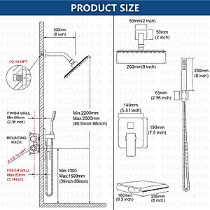 Midanya Rain Shower System Tub Shower Faucet Set Square Rainfall Shower Head with Handheld Sprayer and Waterfall Tub Spout Rough-in Valve Shower Mixer Combo,8 Inch Matte Black