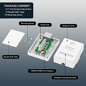 VCELINK Cat6 RJ45 Surface Mount Box Shielded 1-Port, Compatible with UTP Cat6/Cat5e/Cat5 Stranded or Solid Network Cables, 5-Pack, White