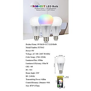 LGIDTECH FUT012 9W RGBWW Smart WiFi 2.4GHz LED Light Bulb RGB+CCT Color Changing & Temperature Adjustable with Memory.Remote and Gateway Hub for Smartphone APP Control All is Sold Separately