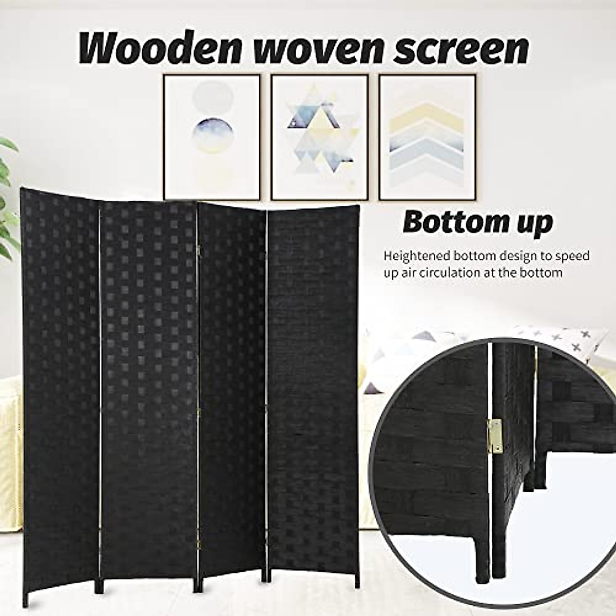 Room Divider 6FT 4 Panels Wall Divider Privacy Screen Wood Mesh Hand-Woven Design Room Screen Divider Indoor Folding Portable Partition Screen (Black)