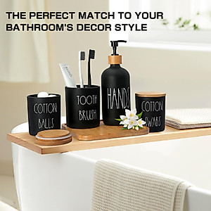 ALPIRIRAL Matte Black Bathroom Accessories Set, 5 Pcs Glass Bathroom Accessory Set with Bamboo Tray, Soap Dispenser and Toothbrush Holder Set, Qtip Holder Set, Farmhouse Boho Bathroom Set Complete