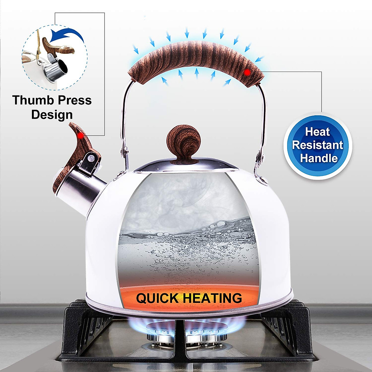 ROCKURWOK Tea Kettle, Tea Pot with Cool Touch Ergonomic Handle, Tea Kettle Food Grade Stainless Steel, Tea Kettle Stovetop, Kettle Teapot, Whistling Tea Kettle, Tea Kettle Pot, 2.5 Quart (White)