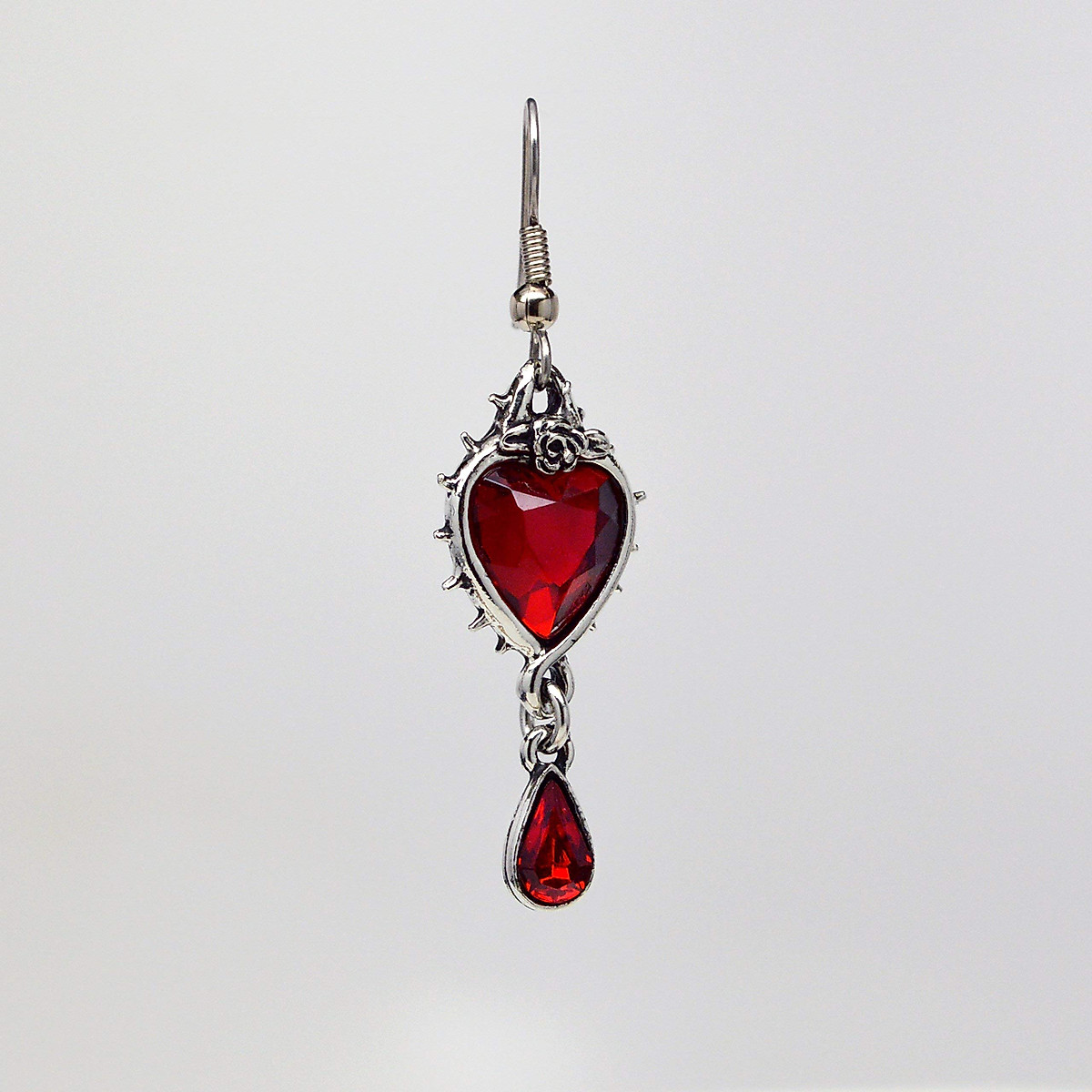 Valentines' Day Red Heart Romance Dangle Earrings Austrian Crystals Thorns and Roses Silver Finish