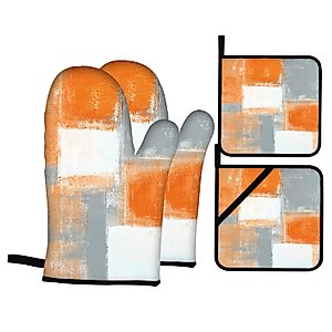 Orange Grey Oven Mitts and Pot Holders Sets of 4 Modern Abstract Art Oven Mitts Oven Gloves Pot Holders and Oven Mitts for Kitchen Baking Cooking Grilling (Orange)