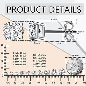 Moissanite Stud Earrings, 2ct 6.5mm DF Color Brilliant Round Cut Lab Created Moissanite Earrings 18K White Gold Plated Silver Friction Back for Women Men