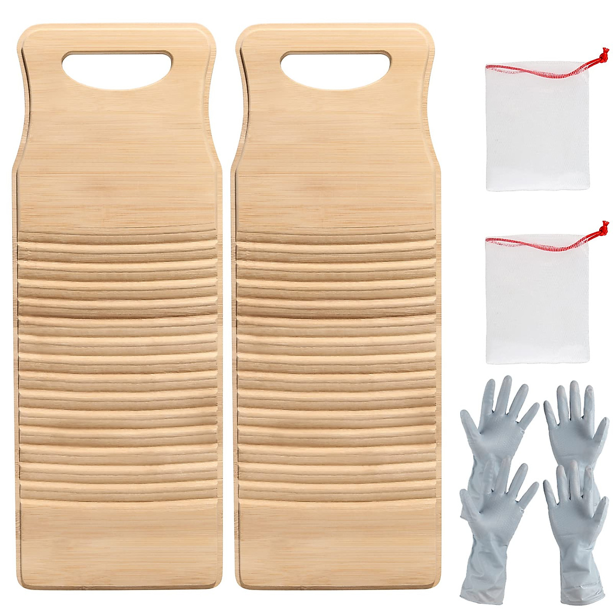 PINGEUI 2 Pack Bamboo Washboard, Anti-slip Wood Washing Clothes Washboard, Washboard for Laundry, Included 2 Pair Rubber Gloves and 2 Soap Net