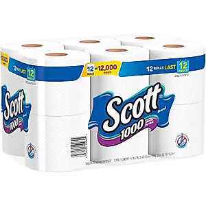 Scott 1000 Sheets Per Roll Toilet Paper, 12 Rolls, Bath Tissue