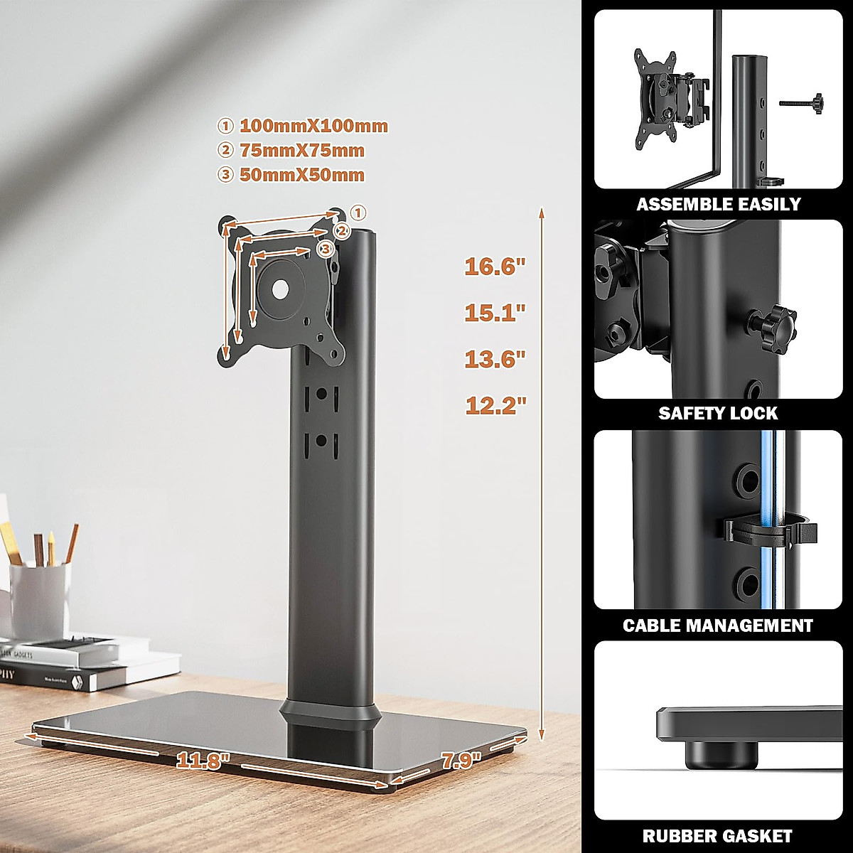 2 Pack Single LCD Computer Monitor Free-Standing Desk Stand Riser for 13 inch to 32 inch Screen with Swivel, Height Adjustable, Rotation, Holds One (1) Screen up to 77Lbs(HT05B-201)