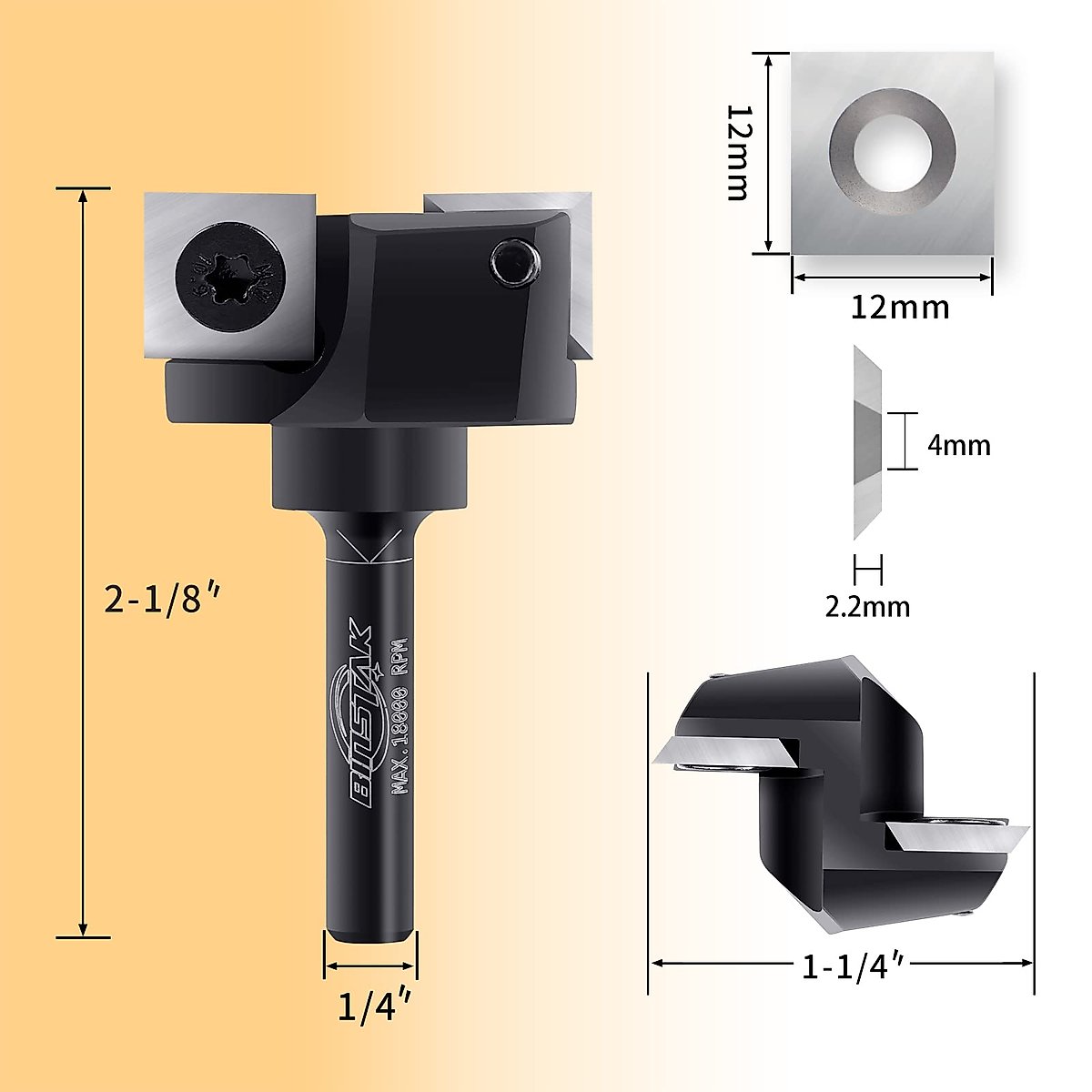 BINSTAK CNC Spoilboard Surfacing Router Bit, 1/4" Shank 1-1/4" Cutting Diameter, Carbide Insert Slab Flattening Router Bits Planing Bit