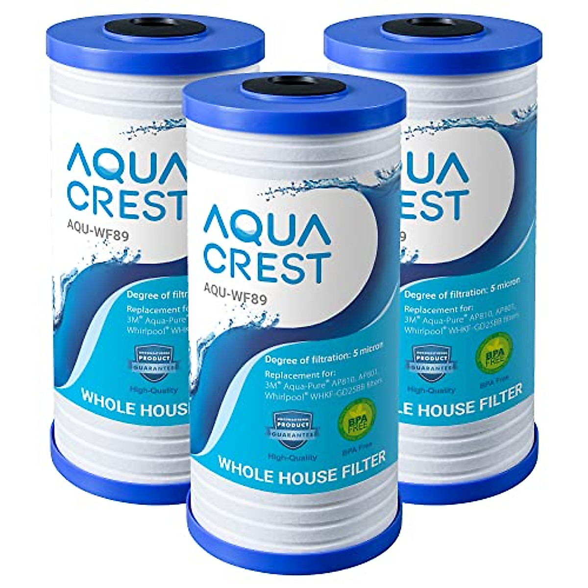 AQUACREST AP810 Whole House Water Filter, Replacement for 3M® Aqua-Pure AP810, AP801, AP811, Whirlpool® WHKF-GD25BB, WHKF-DWHBB, 5 Micron, 10" x 4.5", Well & Tap Water Filter, Pack of 3