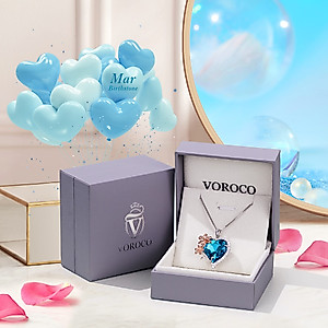 VOROCO Heart shaped crystal birthstone necklace with birthday flowers，925 Sterling Silver Pendant Love Necklace for women gifts