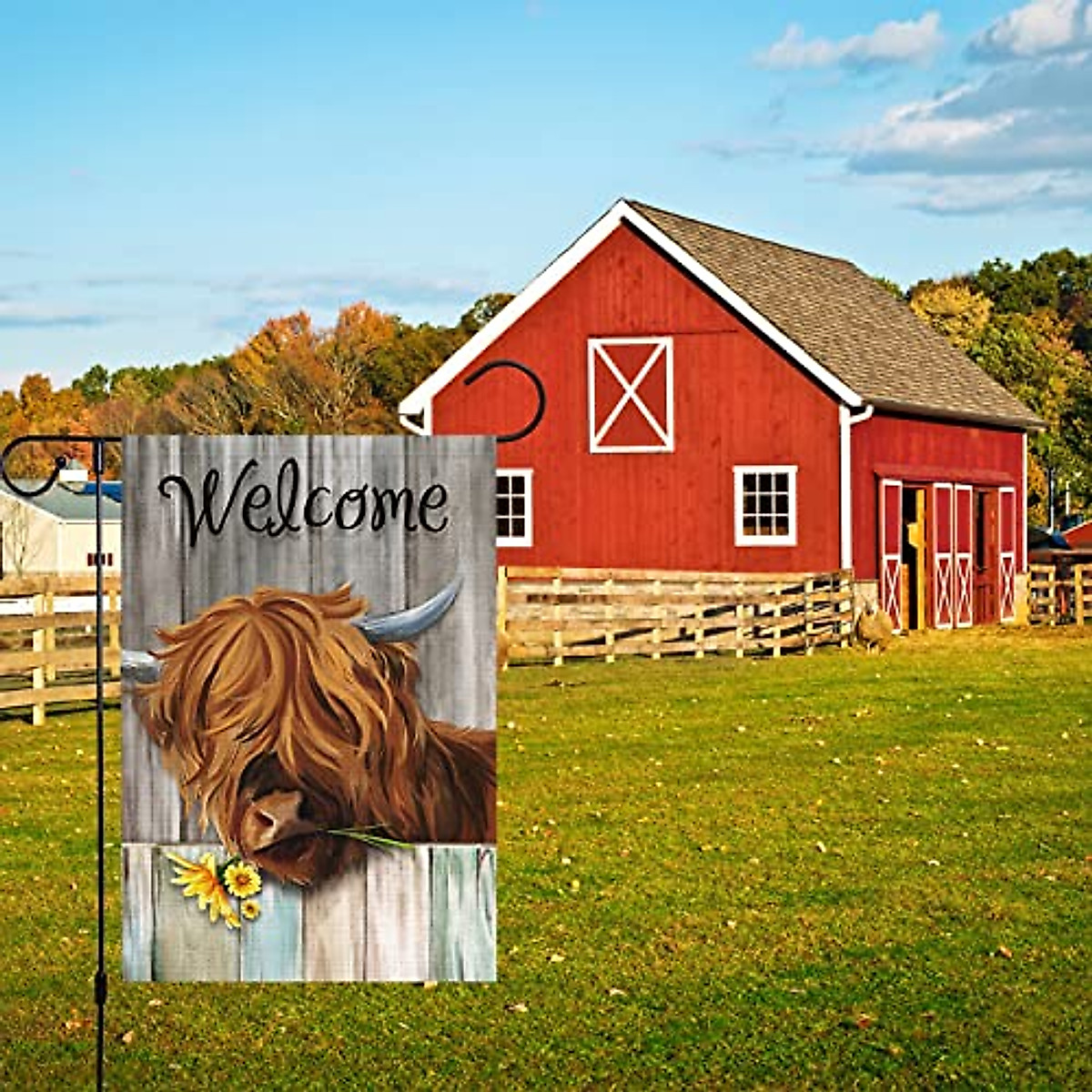 Spring Highland Cow Garden Flag 12x18 Double Sided Burlap, Rustic Farmhouse Scottish Highland Cow with Sunflower Garden Yard Flags Sign Small for Outdoor Outside Decoration (Only Flag)