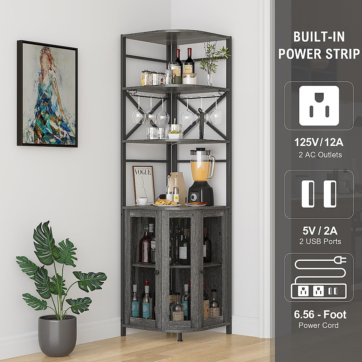 Aufvolr Wine Bar Cabinet with Power Outlet, 6-Tiers Industrial Wine Cabinet with LED Light and Glass Holder, Corner Bar Cabinet with Adjustable Shelf and Mesh Door, Liquor Cabinet Bar for Home