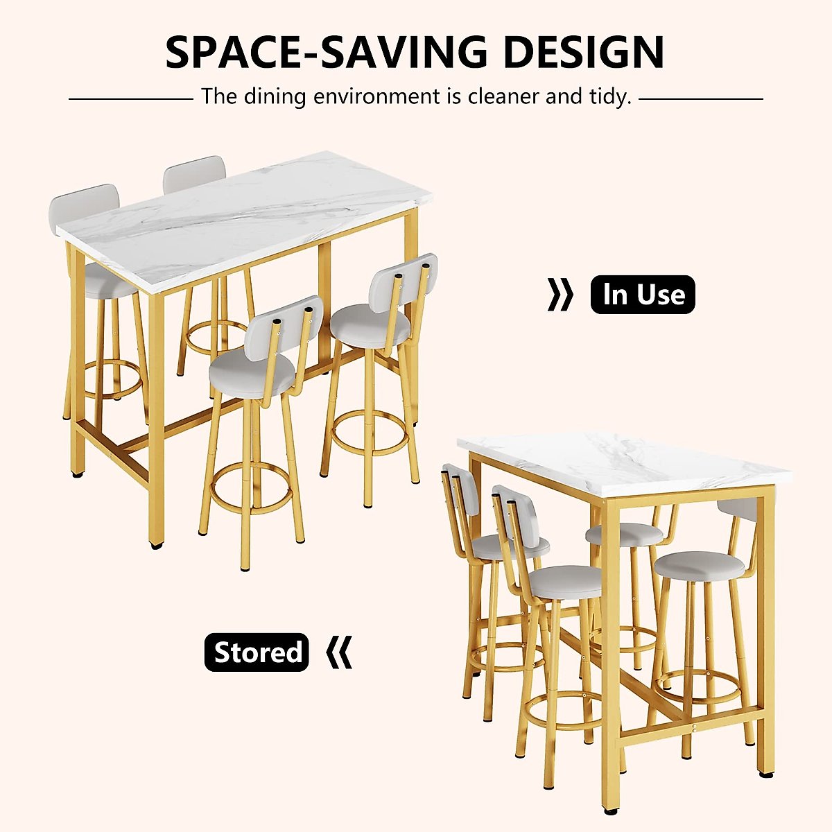 Recaceik Dining Table Set, 43.3” Rectangle Pub Bistro Dining Set Kitchen Table Set Bar Table with Backrest Stools, 5-Piece Breakfast Table Set with Metal Frame for Dining Room w/ 4 Chairs-Gold