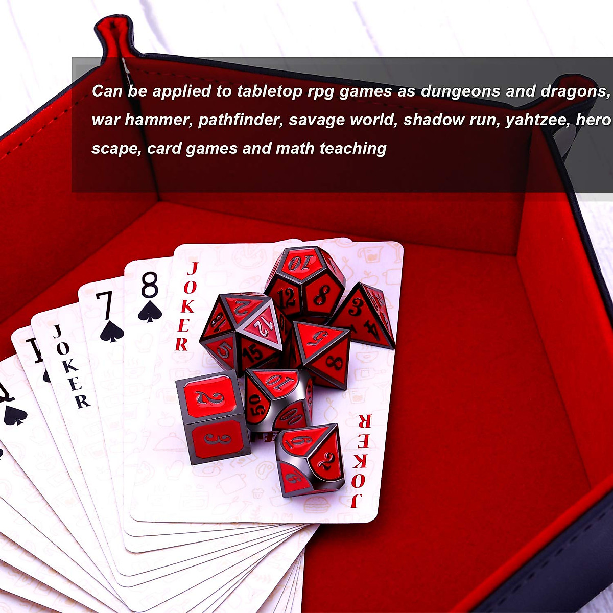 Bememo Polyhedral Metal Dices Set Zinc Alloy with Enamel Solid Metal Compatible with DND Game, Tabletop RPG, Dungeons and Dragons, Math Teaching, 7 Pieces Dice Set with Black Velvet Bag (Black Red)