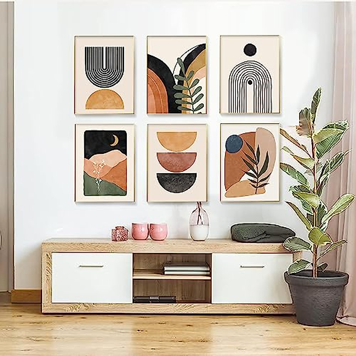 6pcs Frameless Abstract Geometric Canvas Painting Boho Mid-Century Modern Wall Art Minimalist Wall Art Black Beige Neutral Abstract Geometric Print Room Poster Suitable For Living Room Bathroom