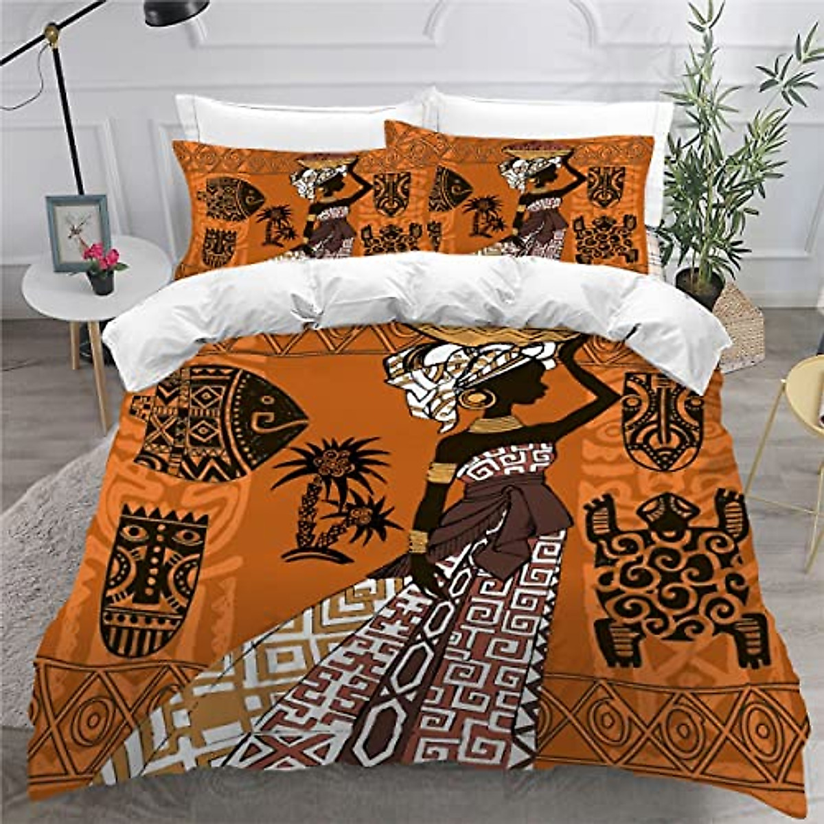 Quilt Cover Queen Size African Symbols 3D Bedding Sets Mask Duvet Cover Breathable Hypoallergenic Stain Wrinkle Resistant Microfiber with Zipper Closure,beding Set with 2 Pillowcase