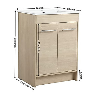 JIBIO 24" Bathroom Vanity Sink Free Standing Bathroom Storage Cabinet w/Ceramic Sinks with 2 Doors Adjustable Shelf Modern Cabinet Space Saver for Apartment Dorm Contemporary Bath