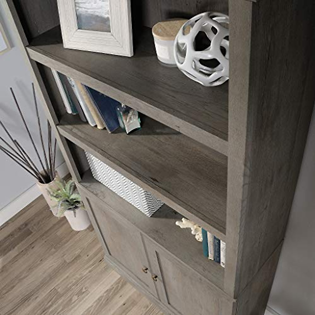Sauder Bookcase with Doors, L: 35.28" x W: 13.23" x H: 69.76", Mystic Oak finish