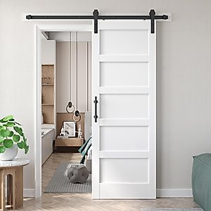 Fredbeck 30x84 inch White Barn Door with 5.5FT Sliding Door Hardware Kit Included & Handle,Solid,MDF, PVC Surface,DIY Assembly,5-Panel,Fit 27in-28in Opening