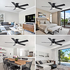 POCHFAN 52 Inch Black Ceiling Fans with Lights and Remote, LED Low Profile Flush Mount Ceiling Fan for Bedroom, Living Room, with Quiet DC Motor, Dimmable 6 Speeds