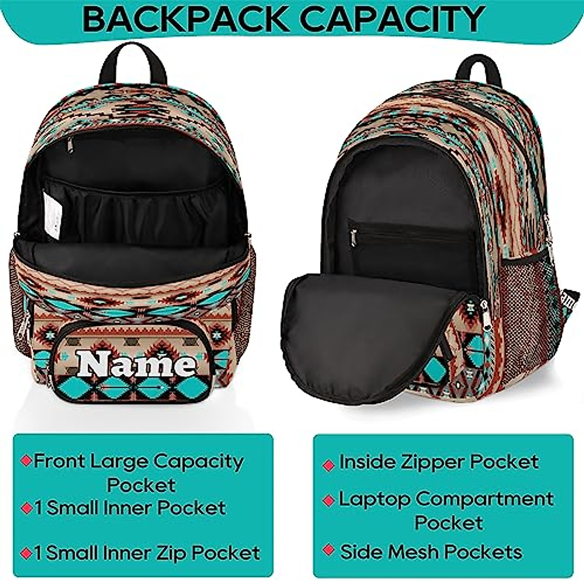 Herdesigns Aztec Print Custom Backpack for Men Women Adult Aztec Geometric Personalized Lightweight Casual Laptop Backpack Customized Computer Hiking Gym Travel Travel Daypack with Name