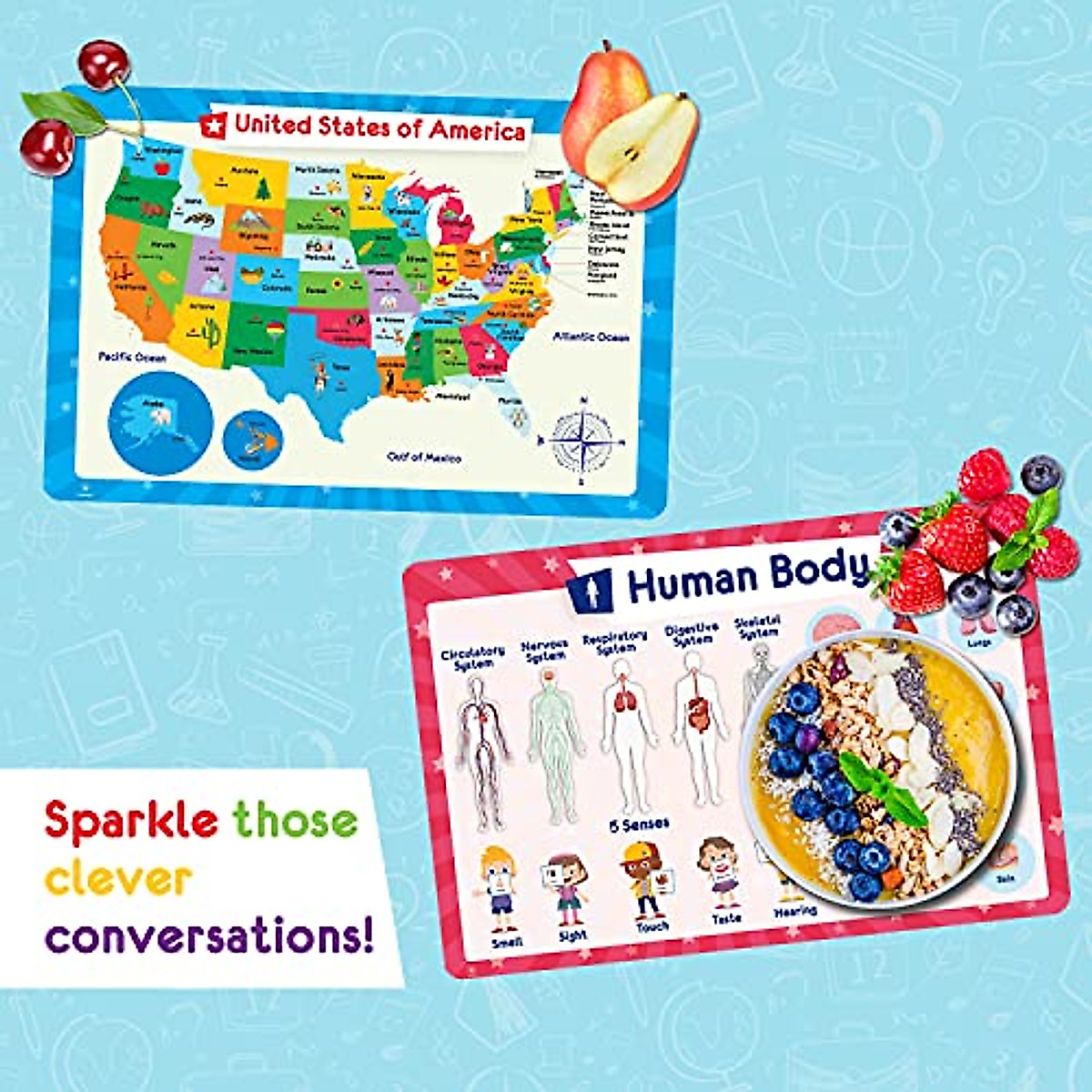 Simply Magic 5 Placemats for Kids - Kids Placemats Non Slip, Washable Reusable Children Placemats, Educational Placemats: USA and World Maps, Periodic Table, US Presidents, Plastic Placemats for Kids