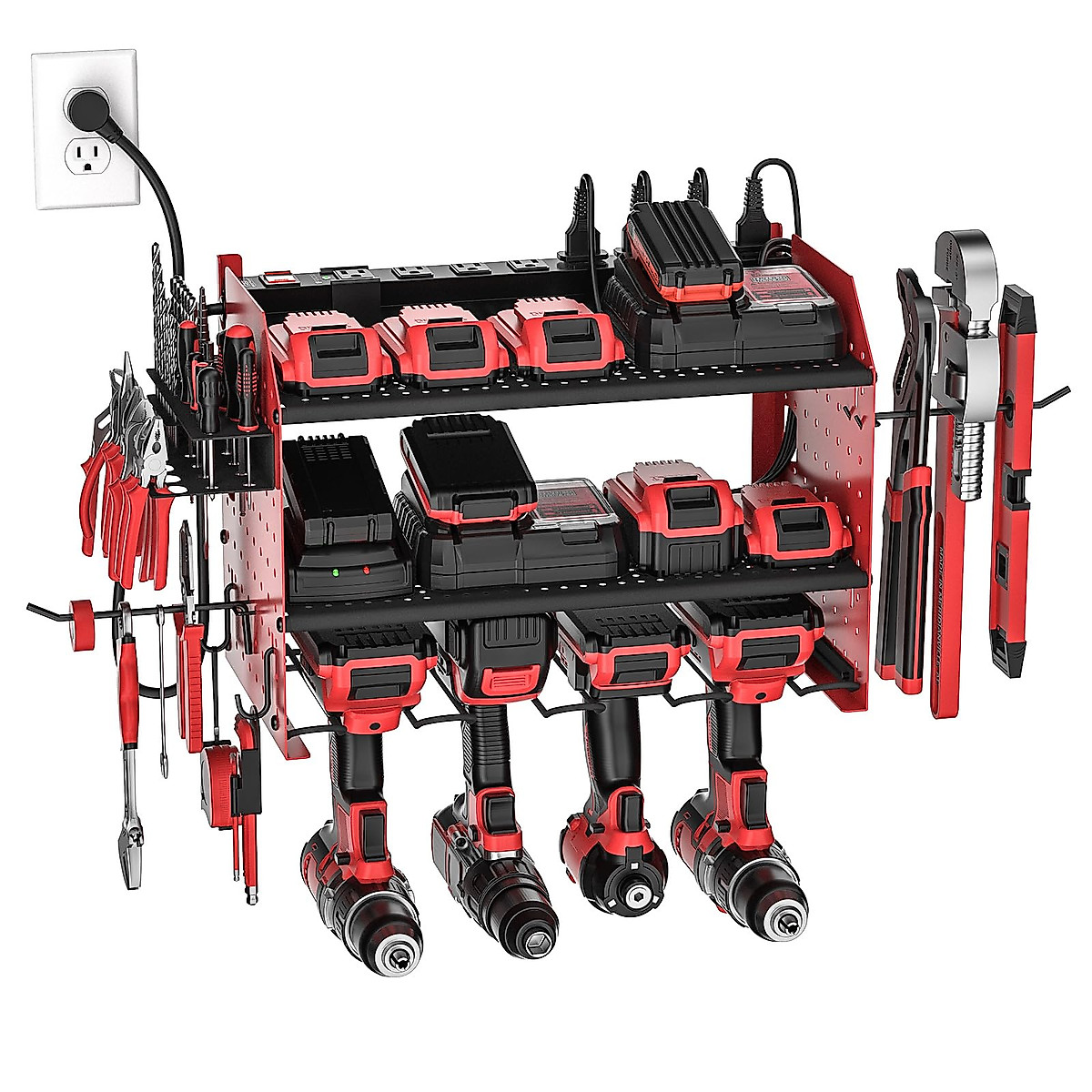 CRST Power Tool Organizer & 8-Outlet Power Strip Bundle, Cordless Drill Holder with Charging Station for Garage & Workshop