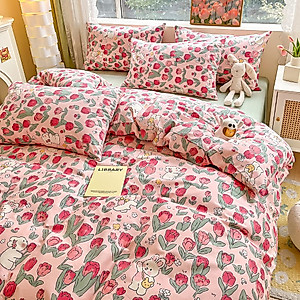 LIWHENHAO Rabbit Duvet Cover Set Queen 100% Cotton Bedding Cartoon White Bunny Red Flower on Pink 1 Cute Comforter Cover Full Zipper Closure 2 Pillowcases for Kids Girls Boys Woman