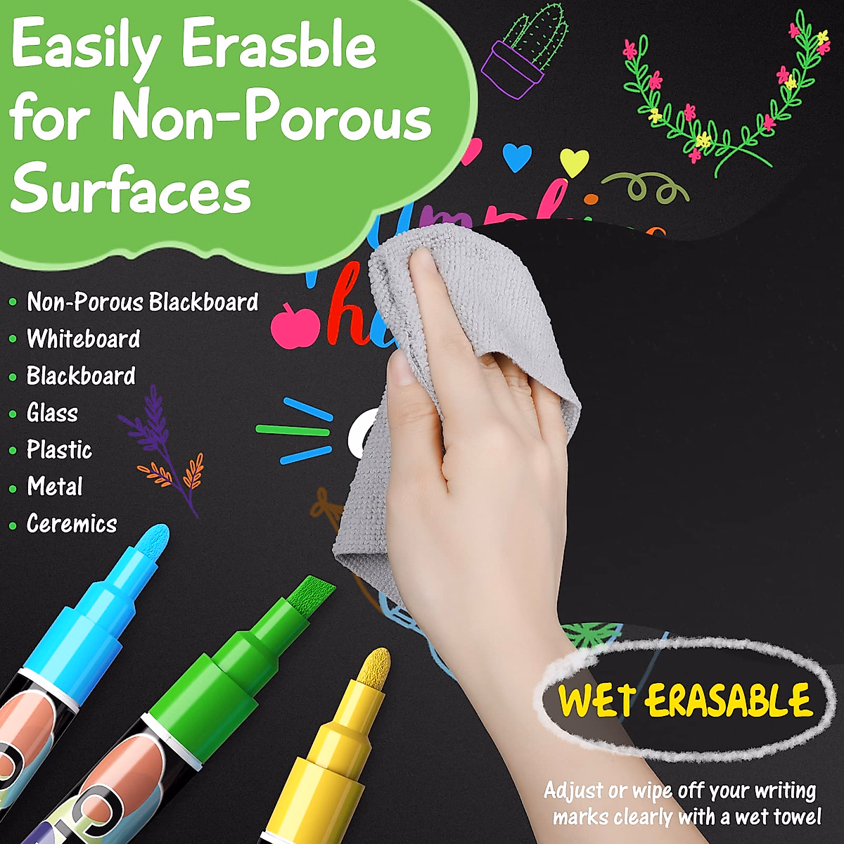 Liquid Chalk Markers Pens - 12 Colors Washable & Wet Erase Neon Chalk Makers for Blackboard, Chalkboard Signs, Glass Window, Graduation Celebration School Kids Art - Erasable Window Markers for Cars