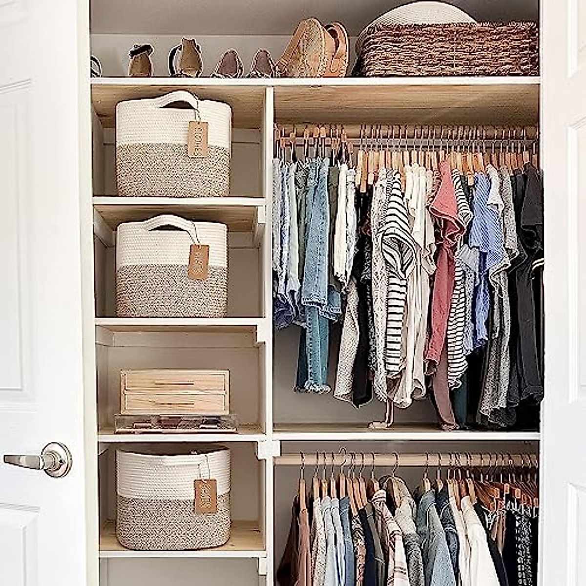 Goodpick Woven Storage Basket for Shelves, Cotton Rope Dog Toy Bin, Empty Gift Basket with Handles, Square Baskets for Storage Shelves, Brown and White Storage Bin, 13.5 x 11 x 9.5 Inches