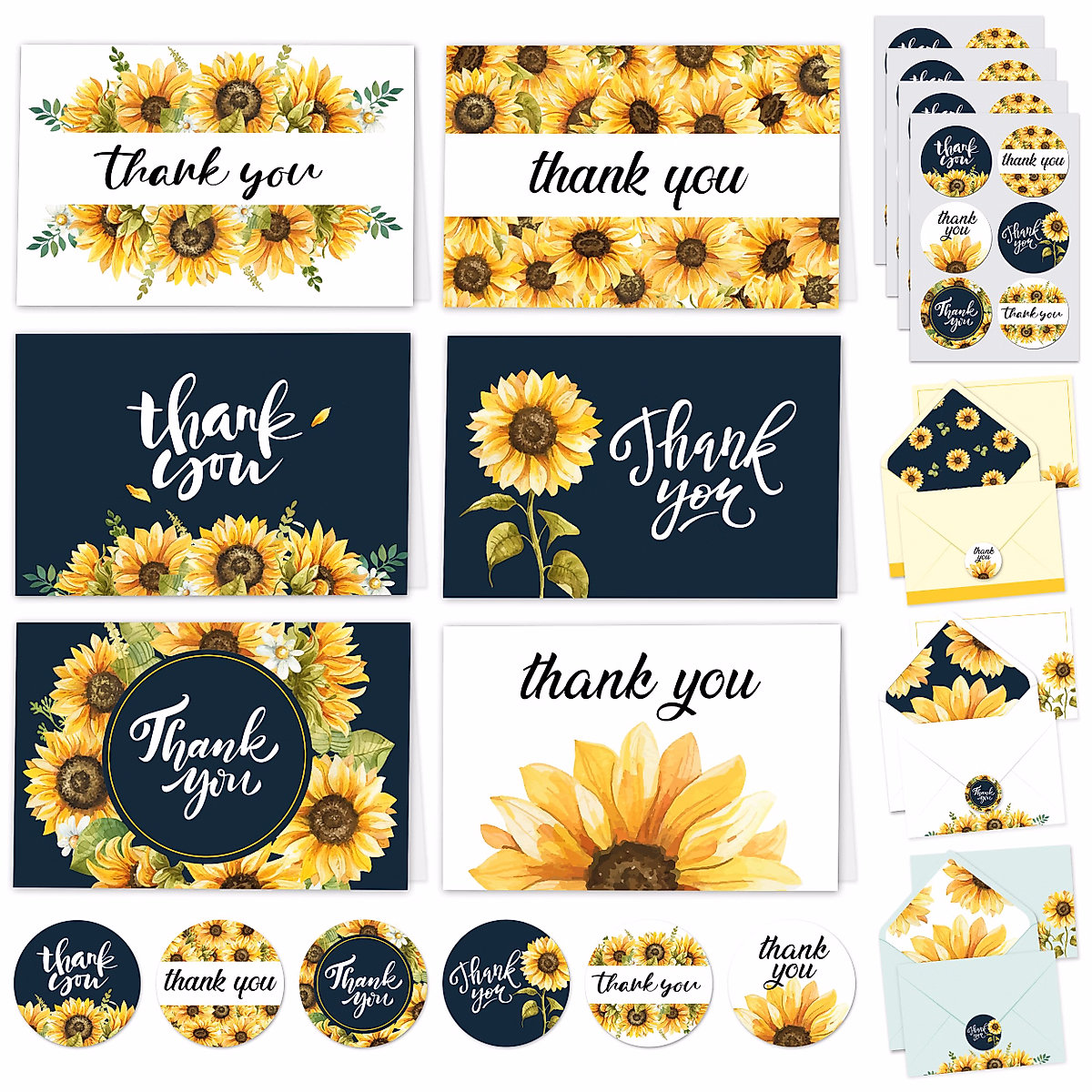 24 Pack Sunflower Thank You Cards with Envelopes & Stickers - 6 Designs Blank Inside Thank You Cards Sunflower Wedding Thank You Cards with Envelopes, 6x4" Bridal Shower Thank You Cards Rustic