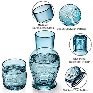 YOUEON 25 Oz Bedside Water Carafe and Glass Tumbler Set, Vintage Water Carafe with Glass Cup for Nightstand, Glass Mouthwash Bottle, Clear Juice Pitcher for Kitchen, Bedroom, Bathroom, Blue