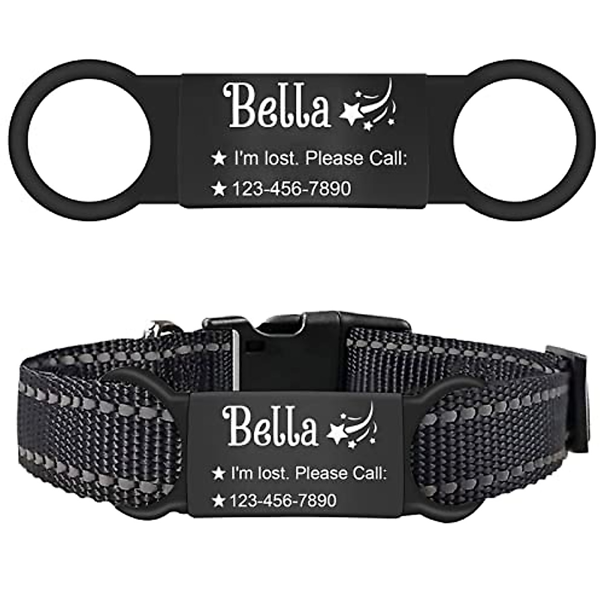 Atdesk Personalized Dog Tags, Slide On Pet ID Tag, Engraved Stainless Steel Cat Collar Tag, No Jingle Dog Name Tag Silent Pet Identification Tags(Large Black)