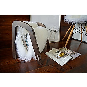 MILABERT Exclusive Oak Wood Magazine Rack with Genuine White Rare Mongolian/Tibetan Sheepskin Rug - Curly Soft Wool - Design Furniture (MR1)