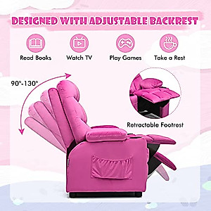COSTWAY Larger Kids Recliner Chair, Adjustable Lounge Recliner w/ 2 Cup Holders, 1 Side Pocket, 2 Front Pockets, Footrest, Velvet Fabric Recliner for Boys & Girls, Ideal for Bedroom (Pink)