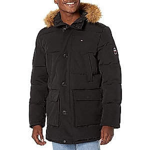 Tommy Hilfiger mens Arctic Cloth Full Length Quilted Snorkel Jacket Down Alternative Outerwear Coat, Black, Large US