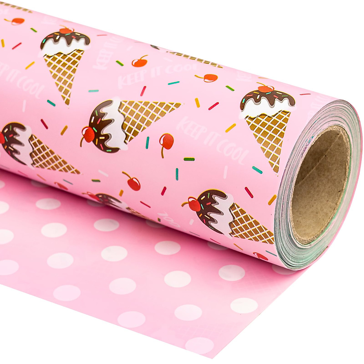 WRAPAHOLIC Reversible Wrapping Paper - Mini Roll - 17 Inch X 33 Feet - Ice-Cream Design for Birthday, Holiday, Party, Baby Shower