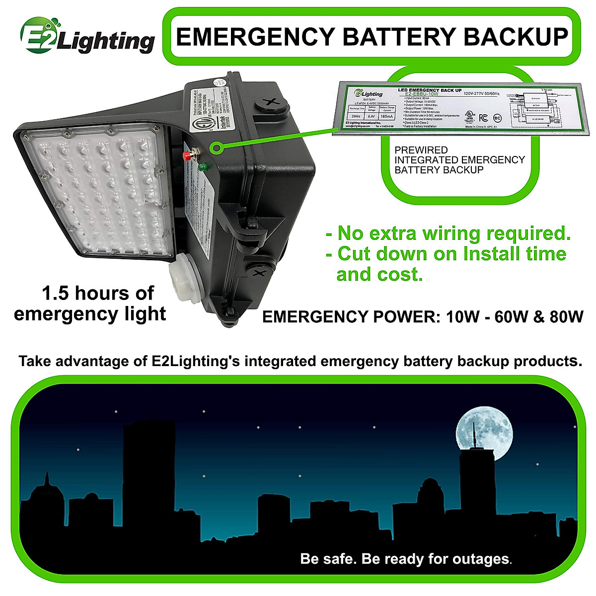 E2 lighting-LED Full Cut-Off Wall pack-40W with 2-in-1 Motion Sensor and Daylight Harvest, 90 Minutes Emergency Battery Backup, Wall Mount, dimmable, ROHS - UL, and DLC Certified