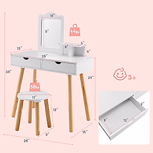 HONEY JOY Kids Vanity, Toddler Dressing Table & Chair for Bedroom, 2 Storage Drawer & Square Mirror, Princess Makeup Vanity Set for Little Girls Age 3+, Wood Girls Vanity Set w/Stool (White)