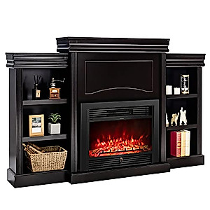 Tangkula 70" Mantel Fireplace, 750W/1500W Electric Fireplace w/Mantel & Built-in Bookshelves, 28.5-Inch Electric Fireplace w/Remote Control, 1-8H Timer, Adjustable Flame Brightness & Color (Black)