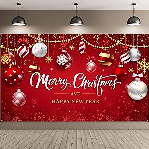 Christmas Backdrop Merry Christmas Party Decoration Christmas Photo Banner Signs Xmas Photography Background Photo Props for Winter New Year Xmas Eve Family Party Decoration Supplies (Ball)